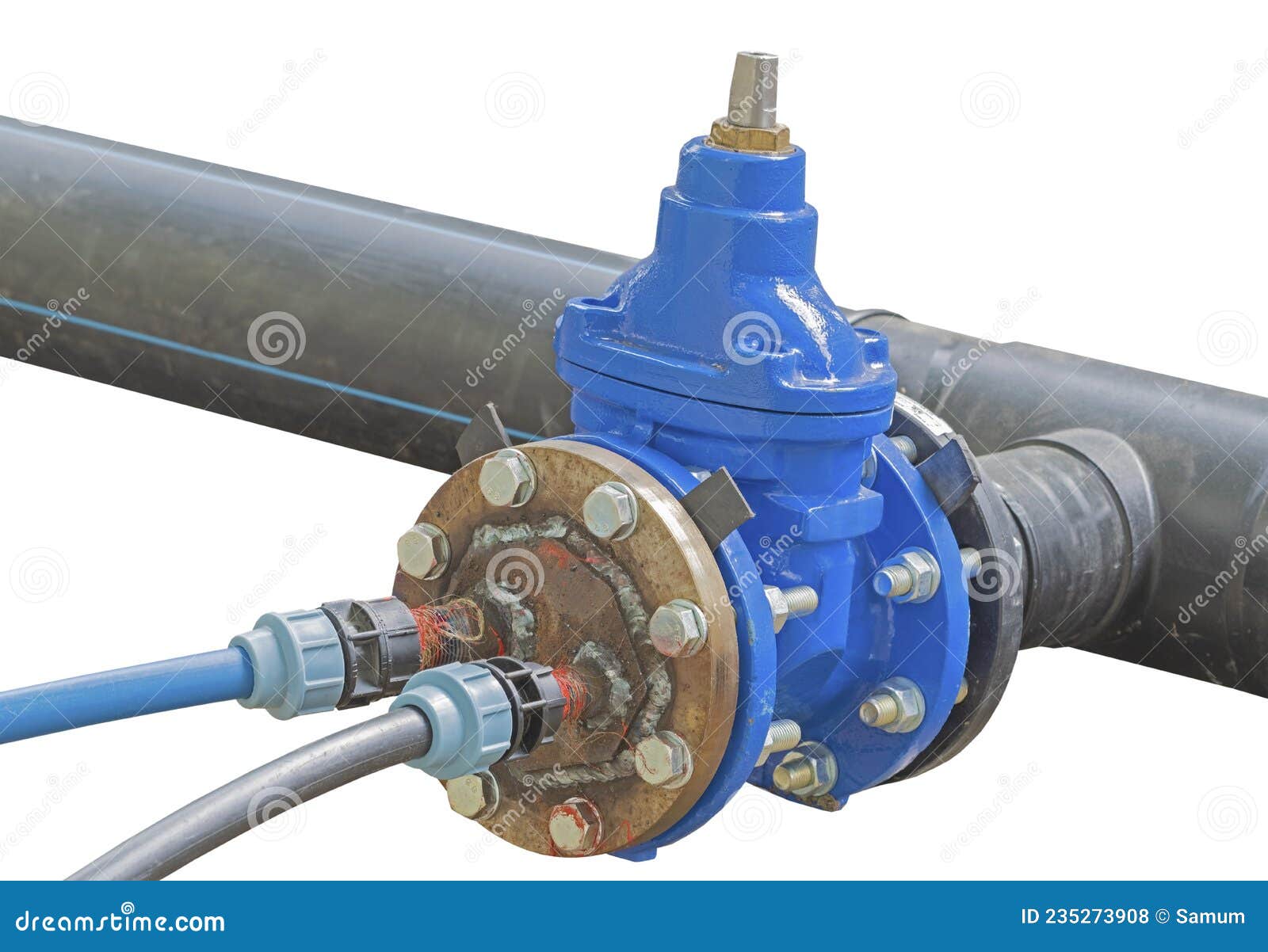 Blue Wheel Valve with Pipe on White Stock Photo - Image of ferrous ...