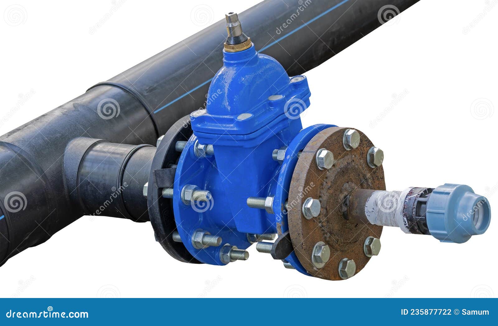 Blue Wheel Valve with Pipe on White Stock Photo - Image of handle ...