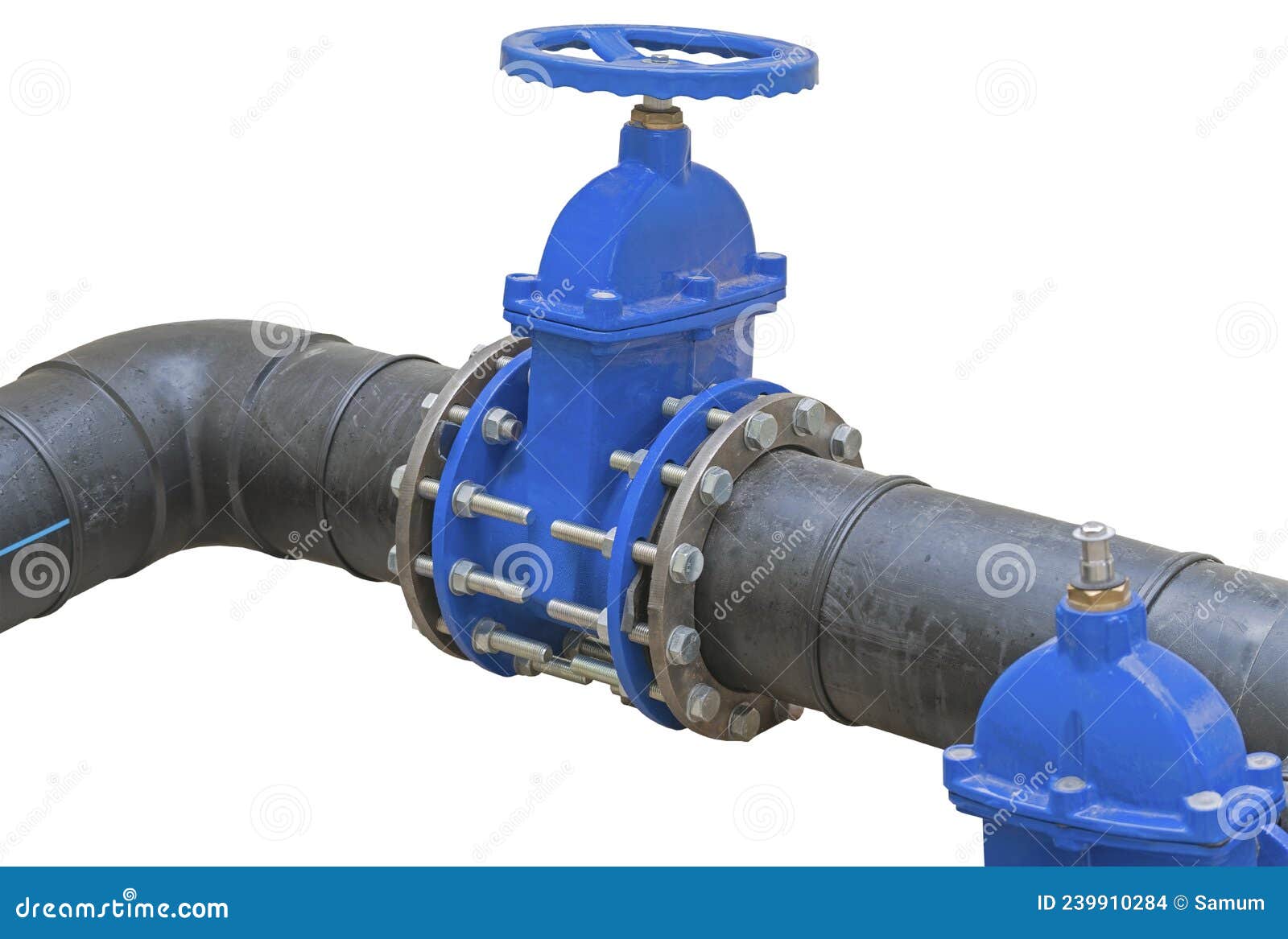 Blue Wheel Valve with Pipe on White Stock Photo - Image of flange ...