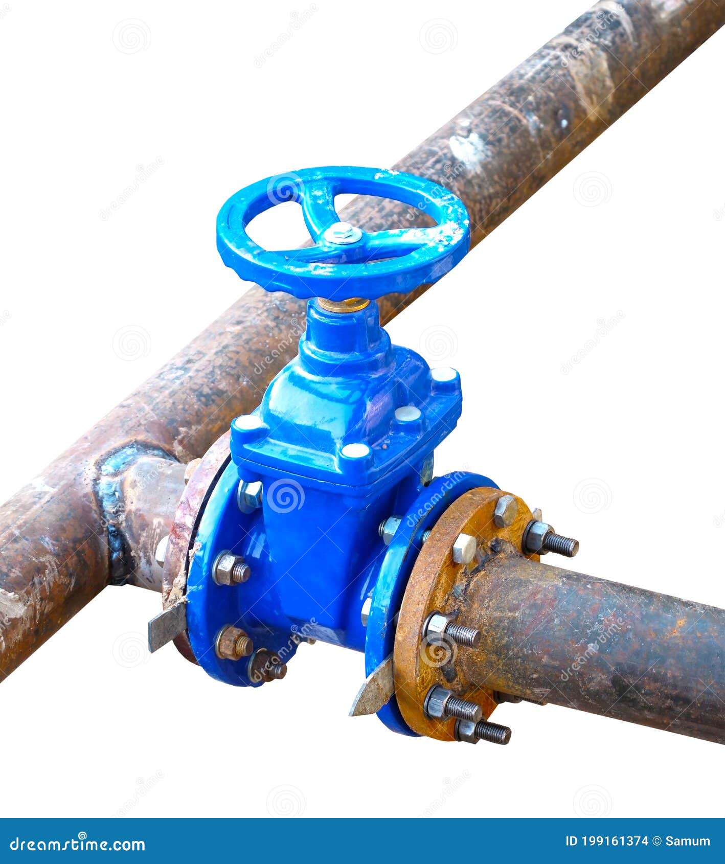 Blue Wheel Valve with Pipe on White Stock Photo - Image of faucet ...