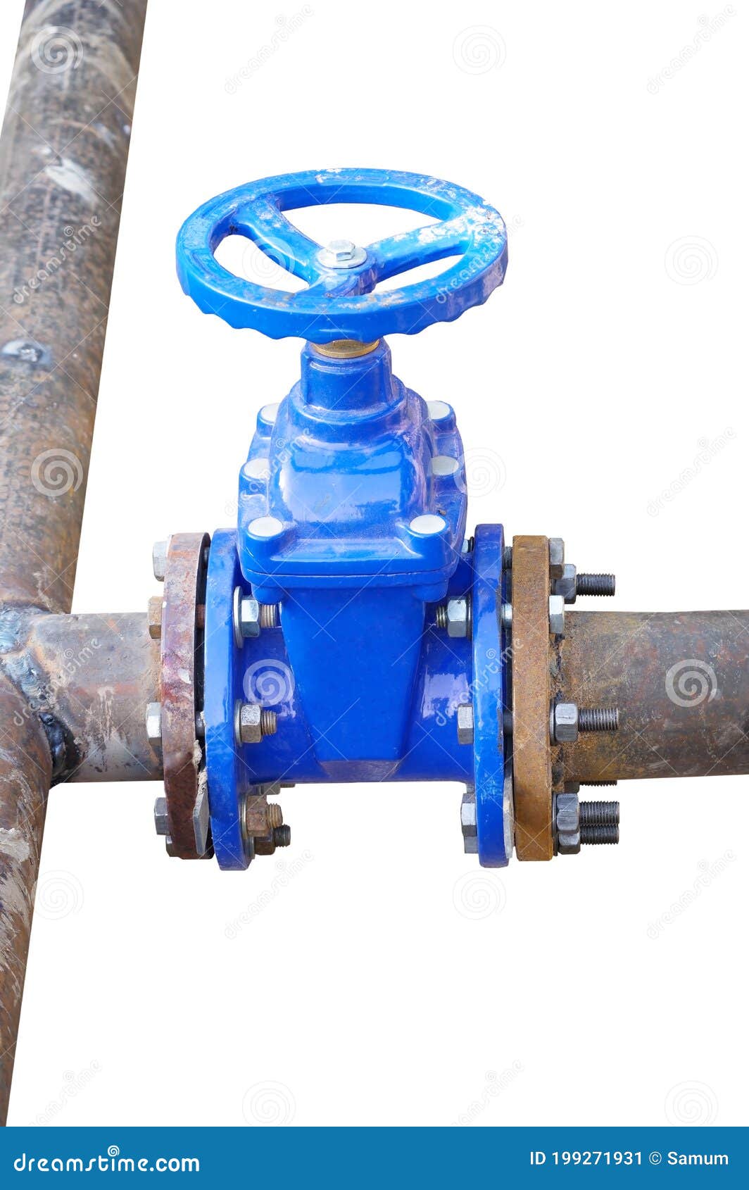 Blue Wheel Valve with Pipe on White Stock Image - Image of bolt ...