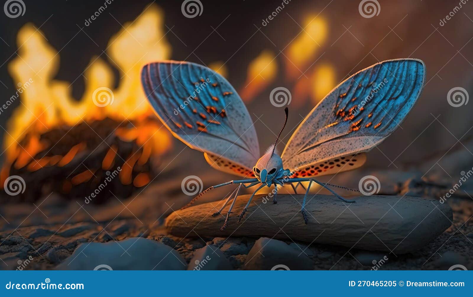 A Blue and White Butterfly Sitting on a Rock in Front of a Fire Pit ...