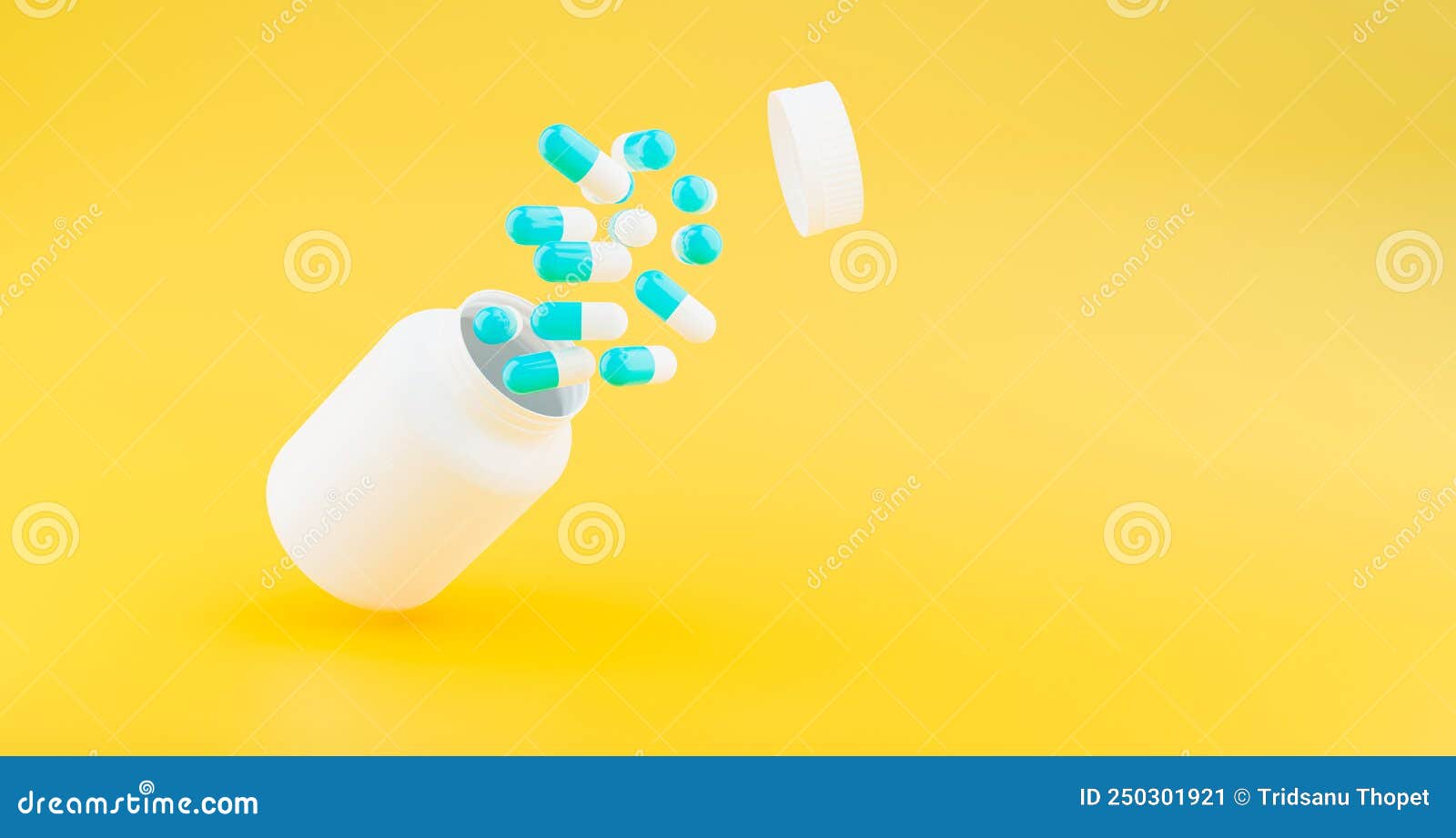 Blue and White Capsules Medication with Medication Container Stock ...