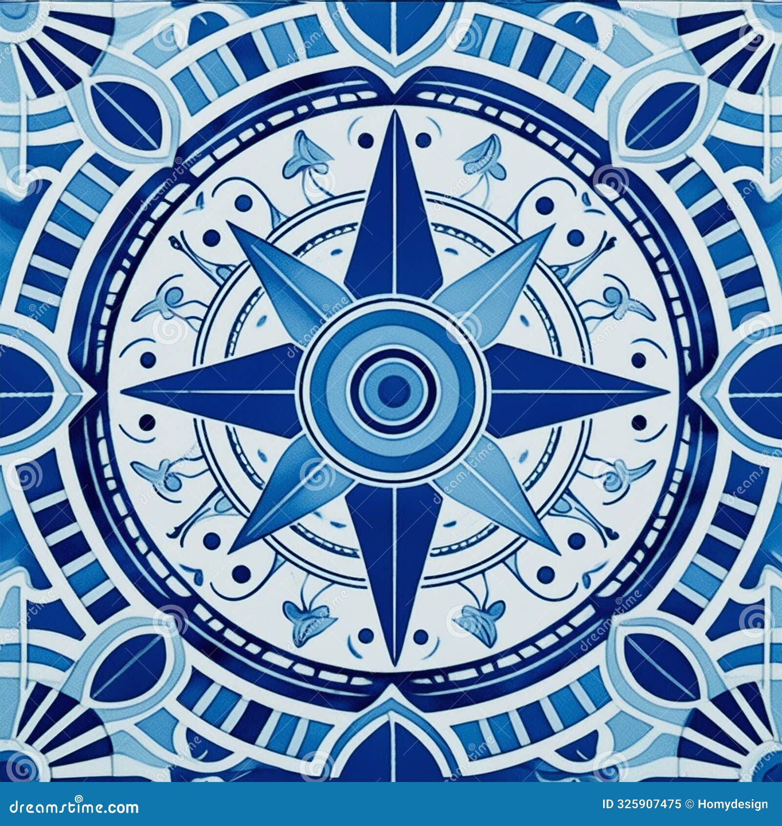 A Blue and White Ceramic Tile with a Compass Rose Design Stock ...