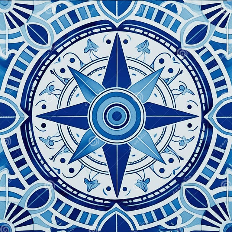 A Blue and White Ceramic Tile with a Compass Rose Design Stock ...