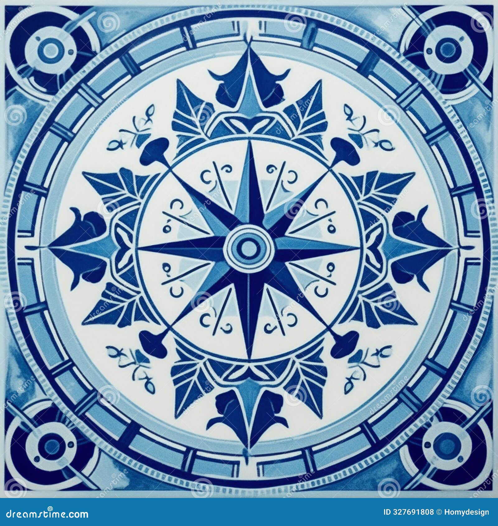 A Blue and White Ceramic Tile with a Compass Rose Design Stock ...