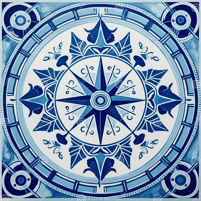 A Blue and White Ceramic Tile with a Compass Rose Design Stock ...