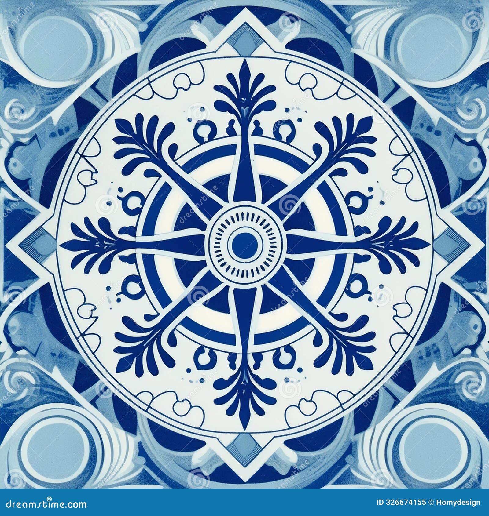 A Blue and White Ceramic Tile with a Compass Rose Design Stock ...