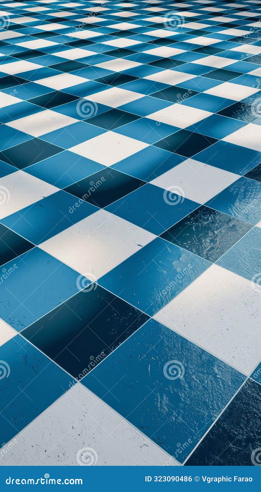 Blue and White Checkered Floor with Wet Tiles Stock Photo - Image of ...