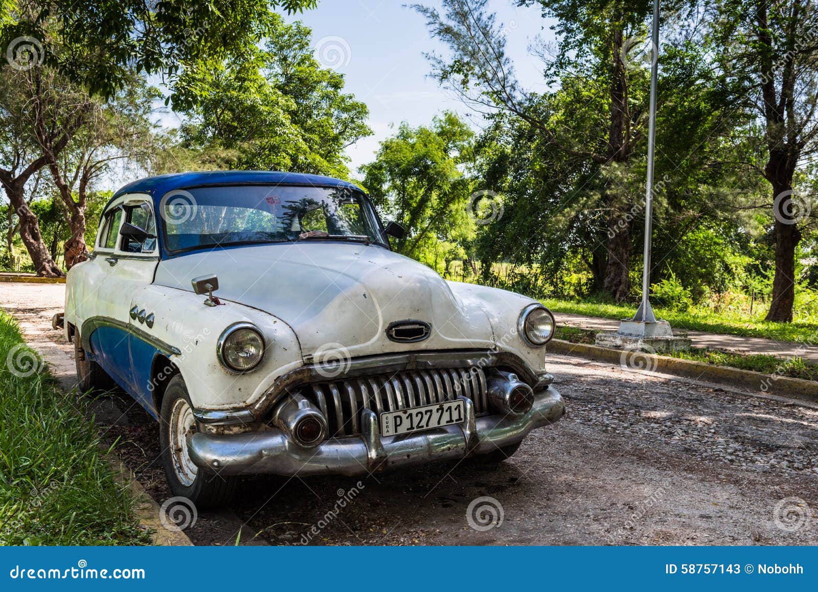 Blue White Classic Car Parked Under Trees in Cuba Editorial Stock Photo ...