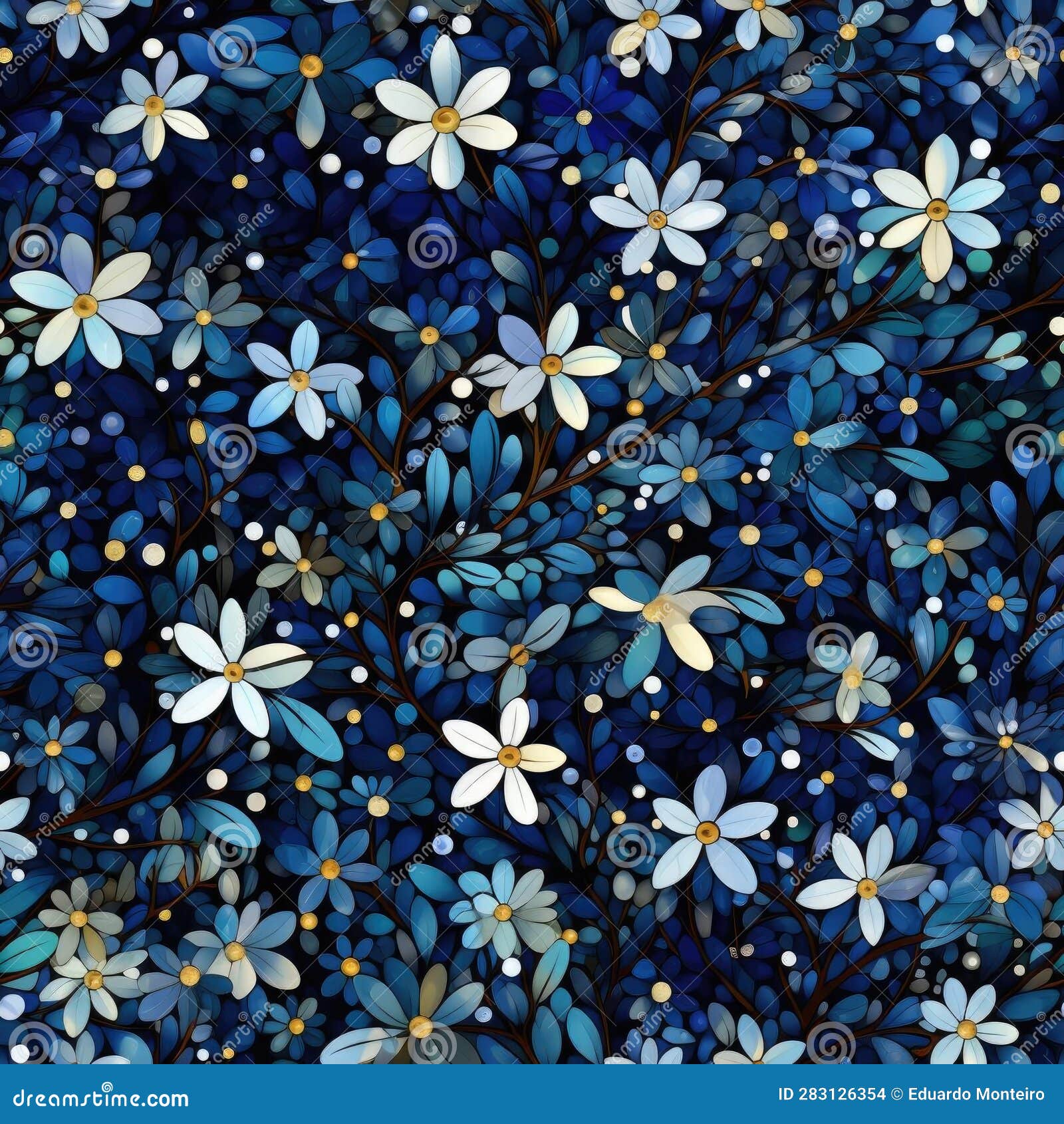 Blue and White Daisy Floral Pattern on a Black Background (tiled) Stock ...