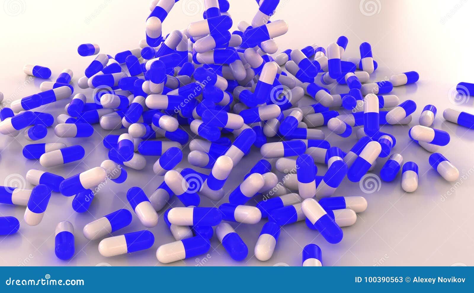 Blue and White Drug Capsules or Pills Scatter on the Table. 3D ...