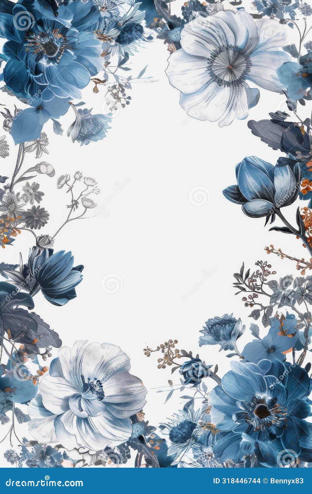 Blue and White Flowered Frame on White Background Stock Illustration ...