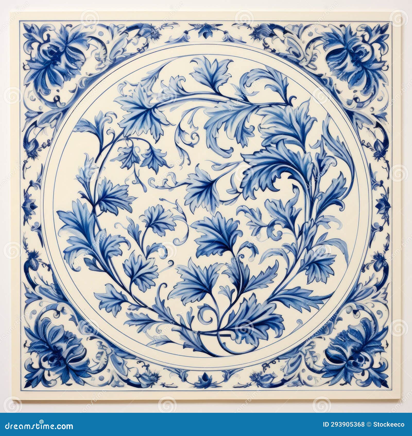 Blue and White Foliage Ceramic Tile with Rococo-inspired Art Stock ...