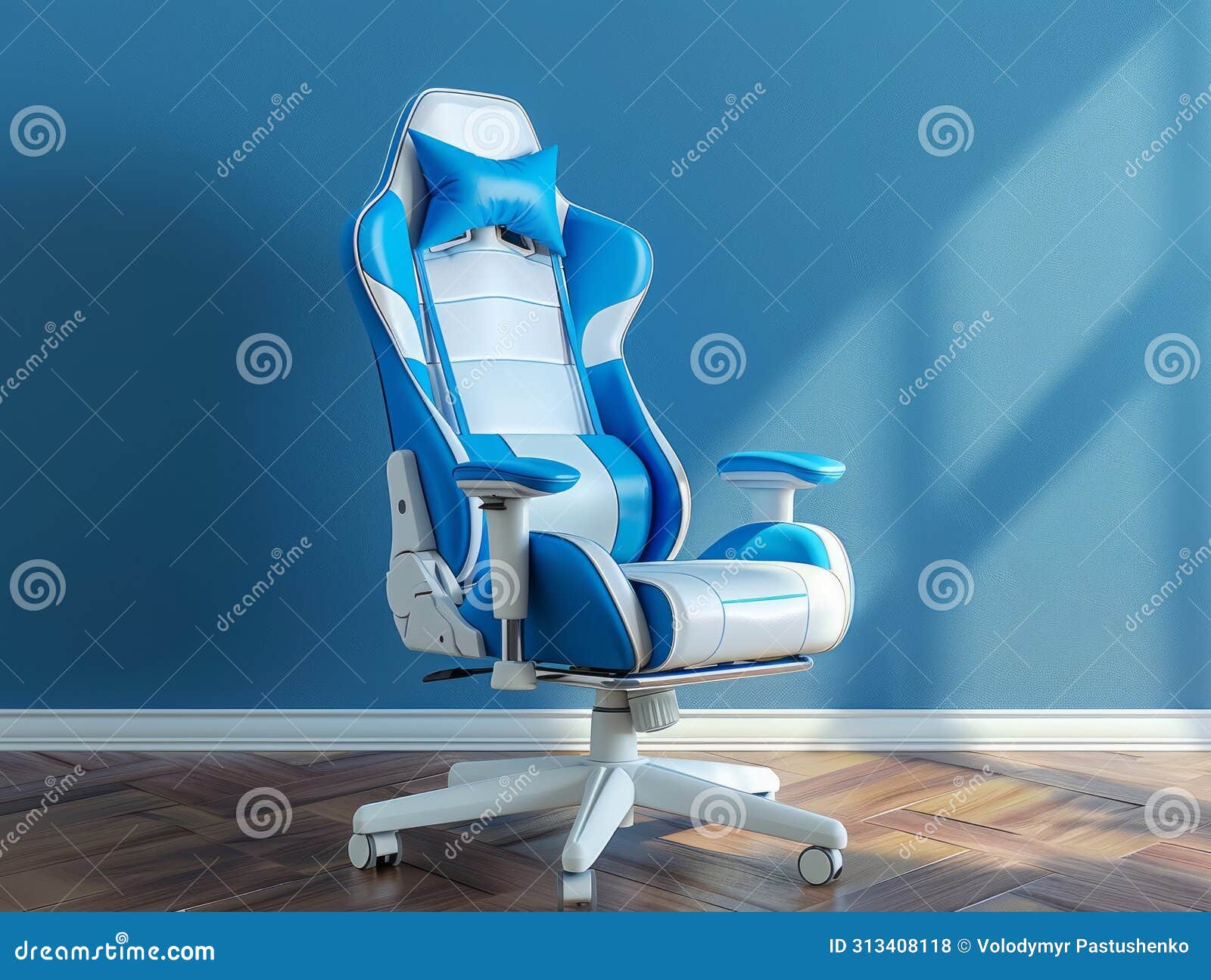A Blue and White Gaming Chair in Front of a Wall Stock Photo - Image of ...