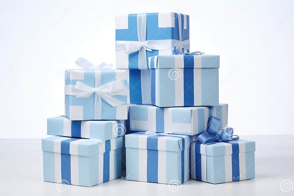 Blue and White Gift Boxes Stacked on Each Other Stock Photo - Image of ...