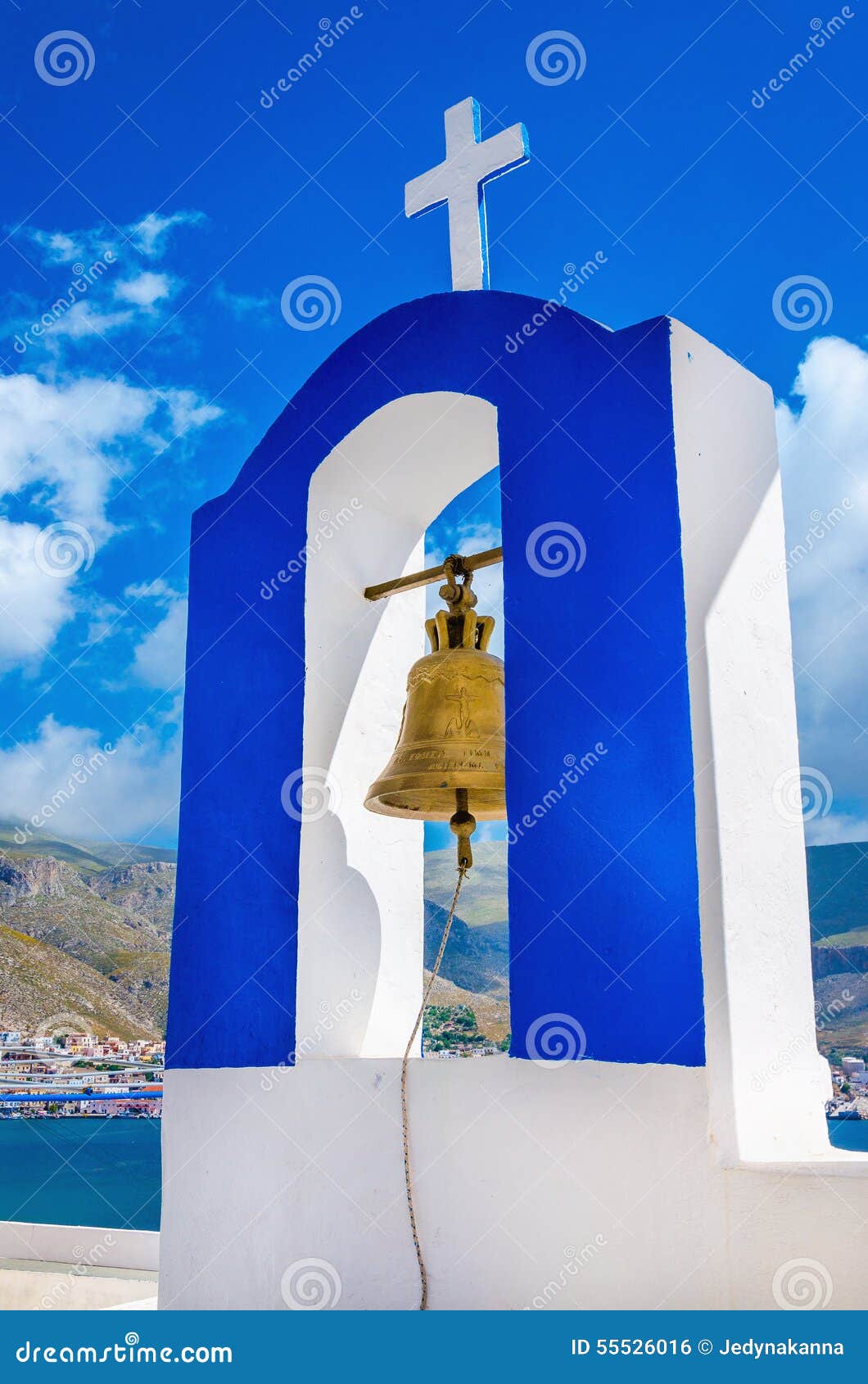Blue and White Greek Church Bell Tower, Greece Stock Photo - Image of ...