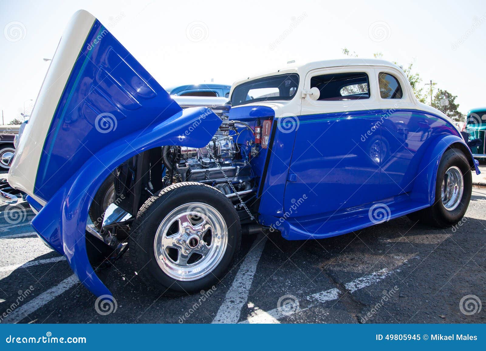 Blue and White Hot Rod with Chrome Engine Editorial Image - Image of ...