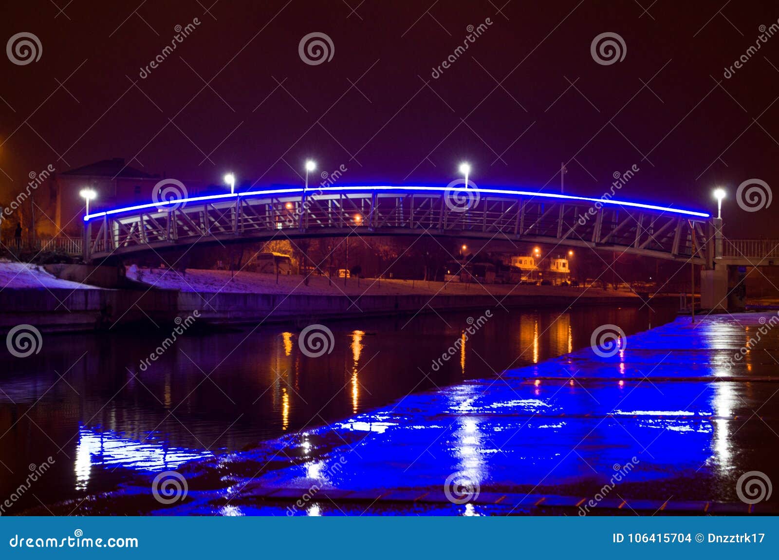 Blue Illuminated Bridge Over the River Stock Photo - Image of nature ...