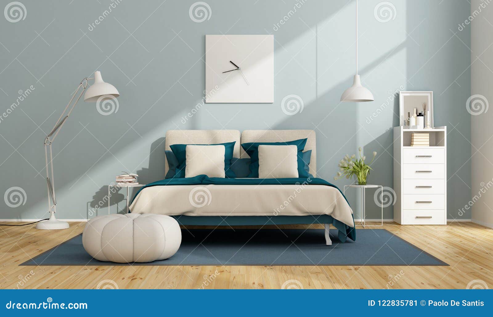 Blue and White Master Bedroom Stock Illustration - Illustration of blue ...