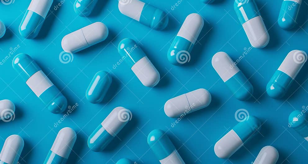 Blue and White Pill Capsules on the Surface Stock Image - Image of ...