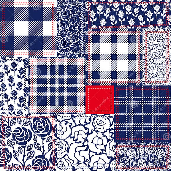Blue, White and Red Patchwork. Bohemian Style Collage Made from Cotton ...