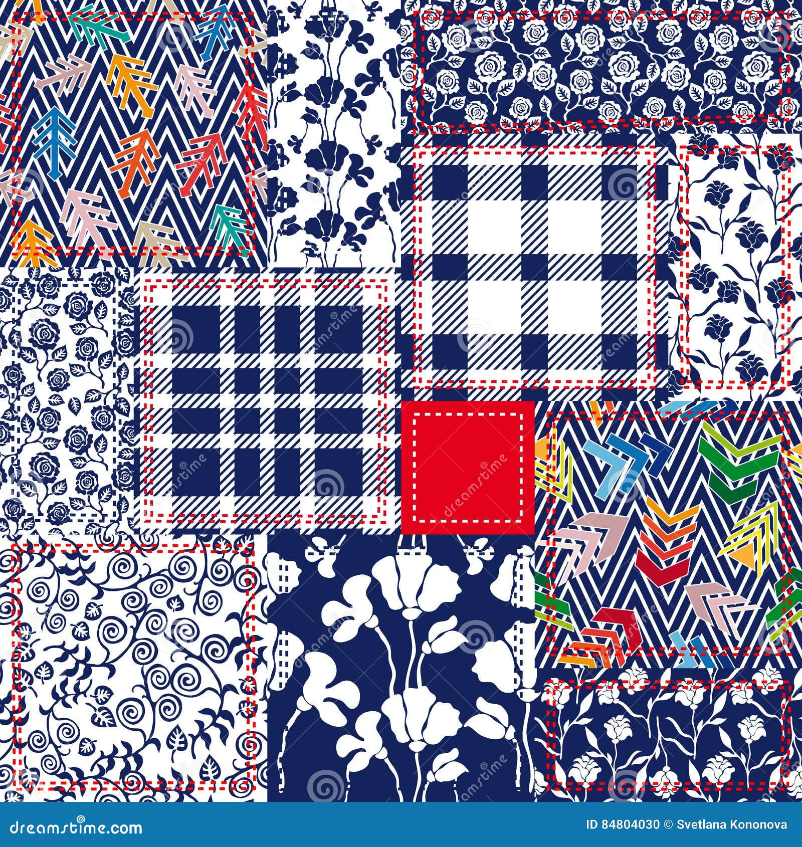 Blue, White and Red Patchwork. Bohemian Style Collage Made from Cotton ...