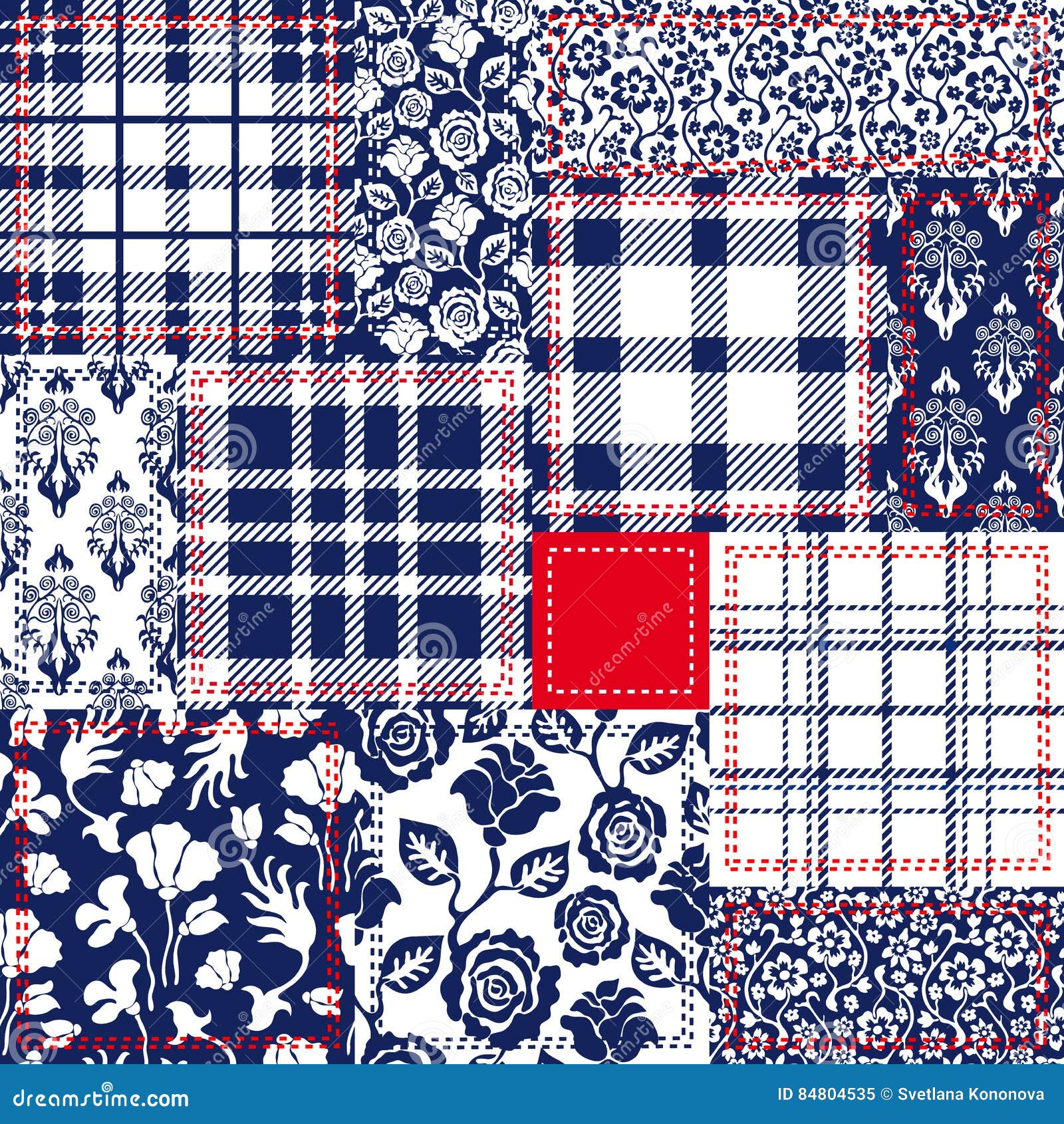 Blue, White and Red Patchwork. Bohemian Style Collage Made from Cotton ...