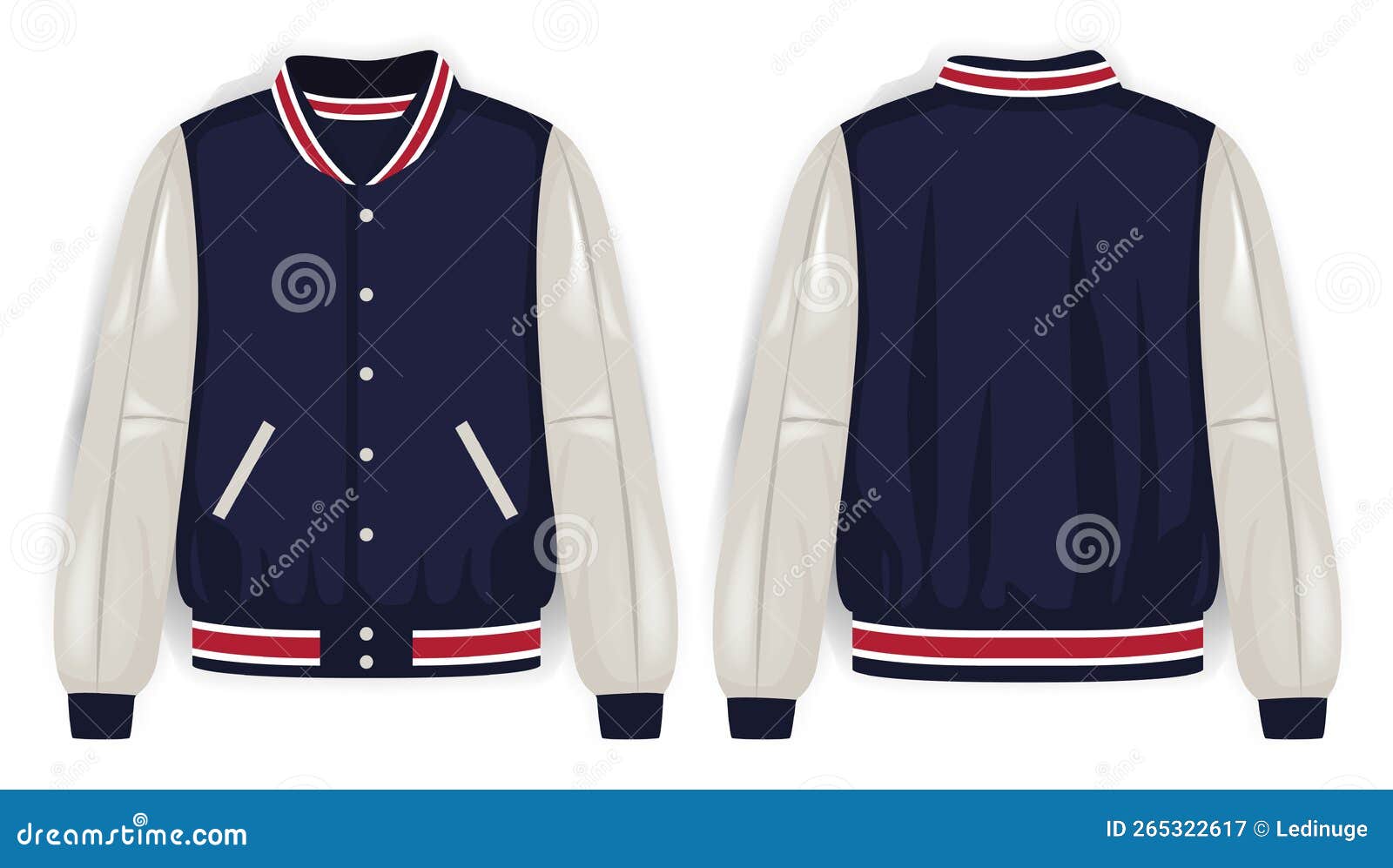 Blue, White, and Red Varsity Jacket Front and Back View, Vector Mockup ...