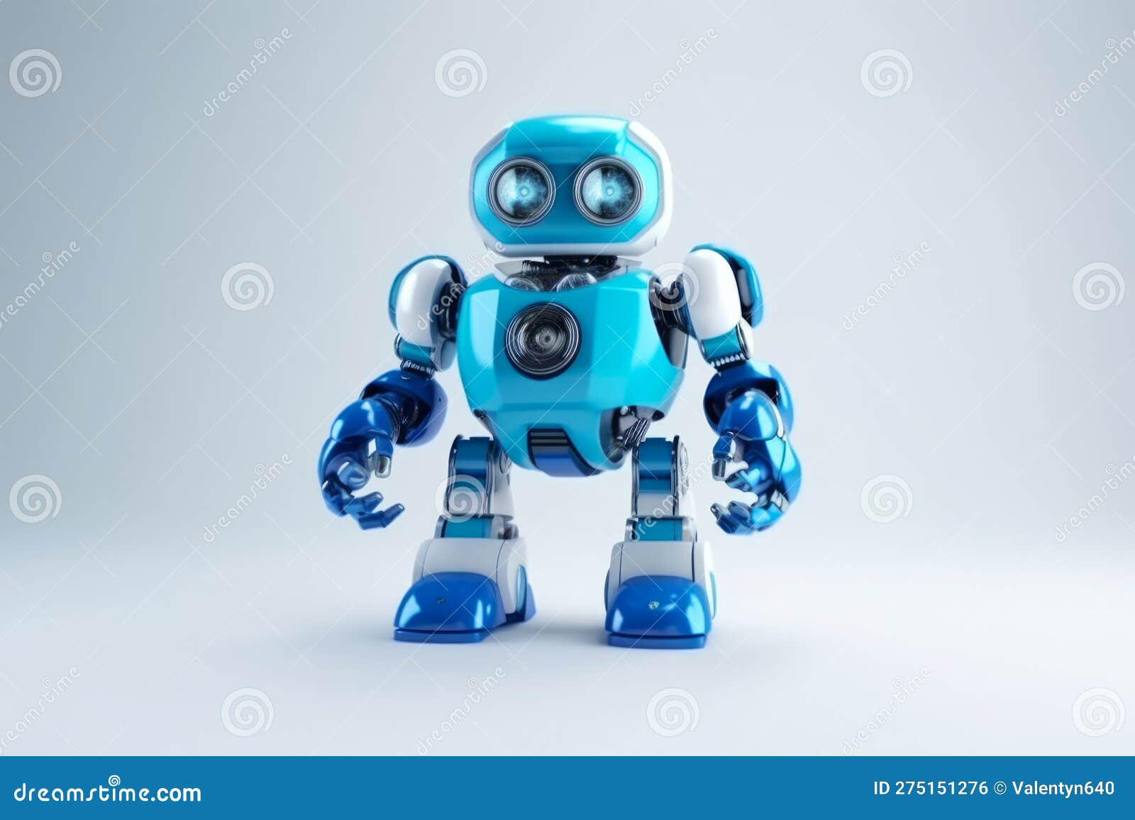 Blue and White Robot is Standing on White Background with Light on it S ...