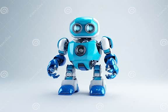 Blue and White Robot is Standing on White Background with Light on it S ...