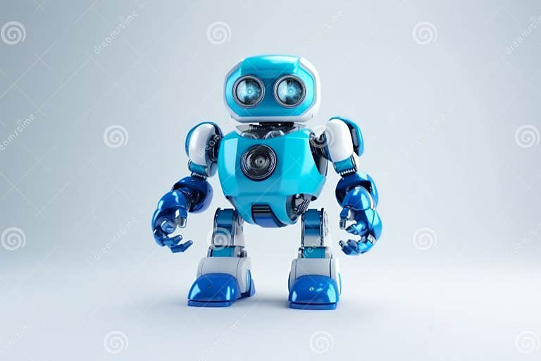 Blue and White Robot is Standing on White Background with Light on it S ...