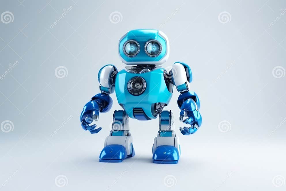 Blue and White Robot is Standing on White Background with Light on it S ...