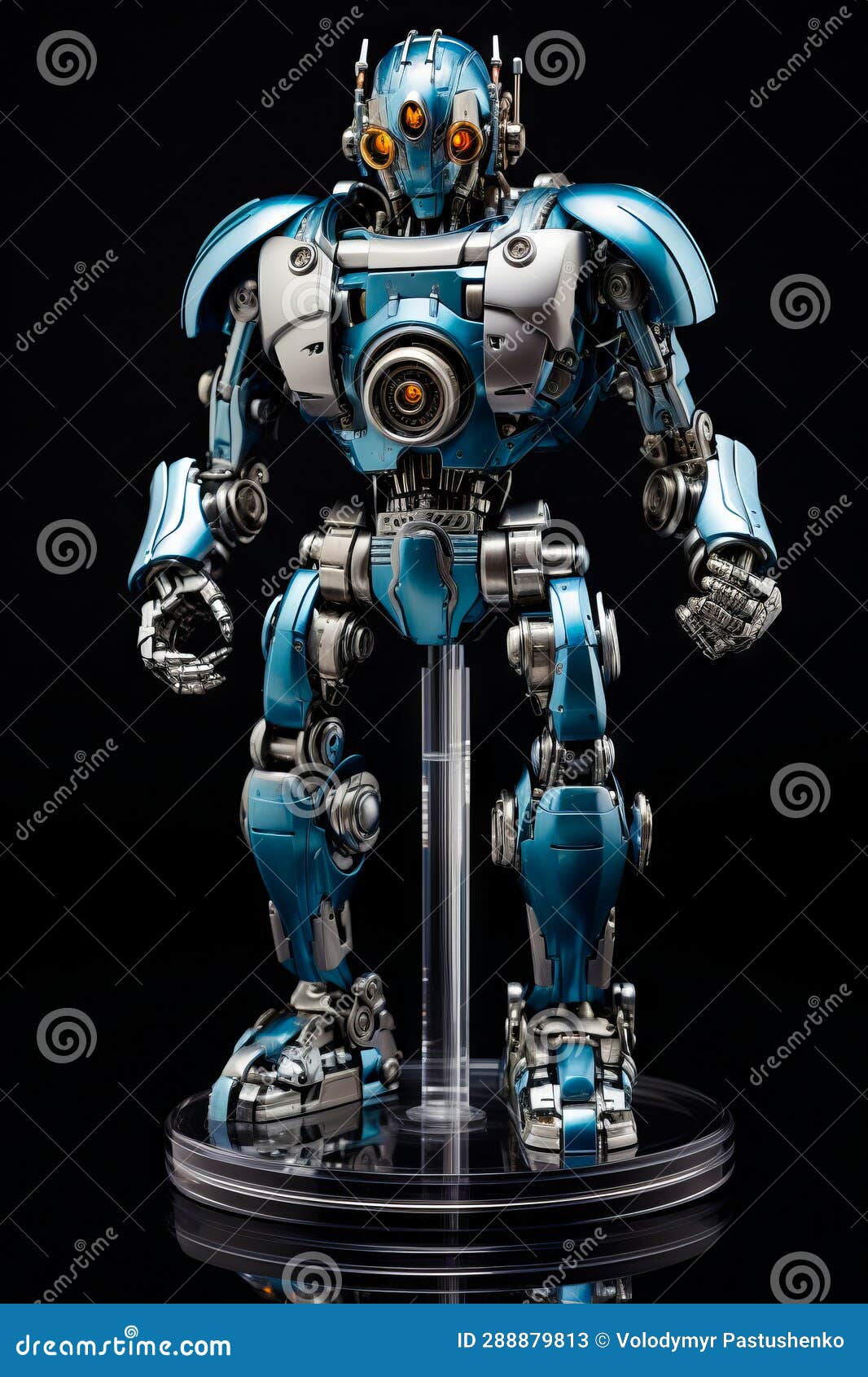 Blue and White Robot is Standing on Stand with Black Background ...