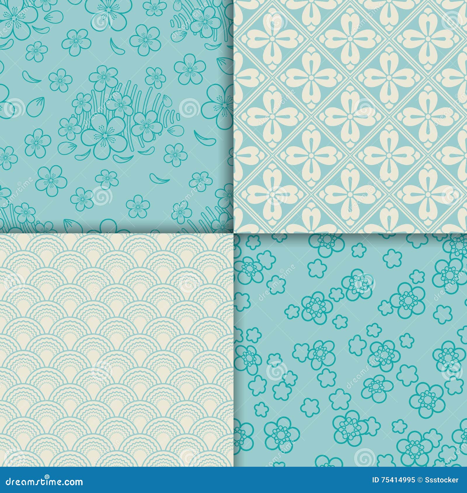 Blue and White Sakura Pattern Set Stock Vector - Illustration of ...