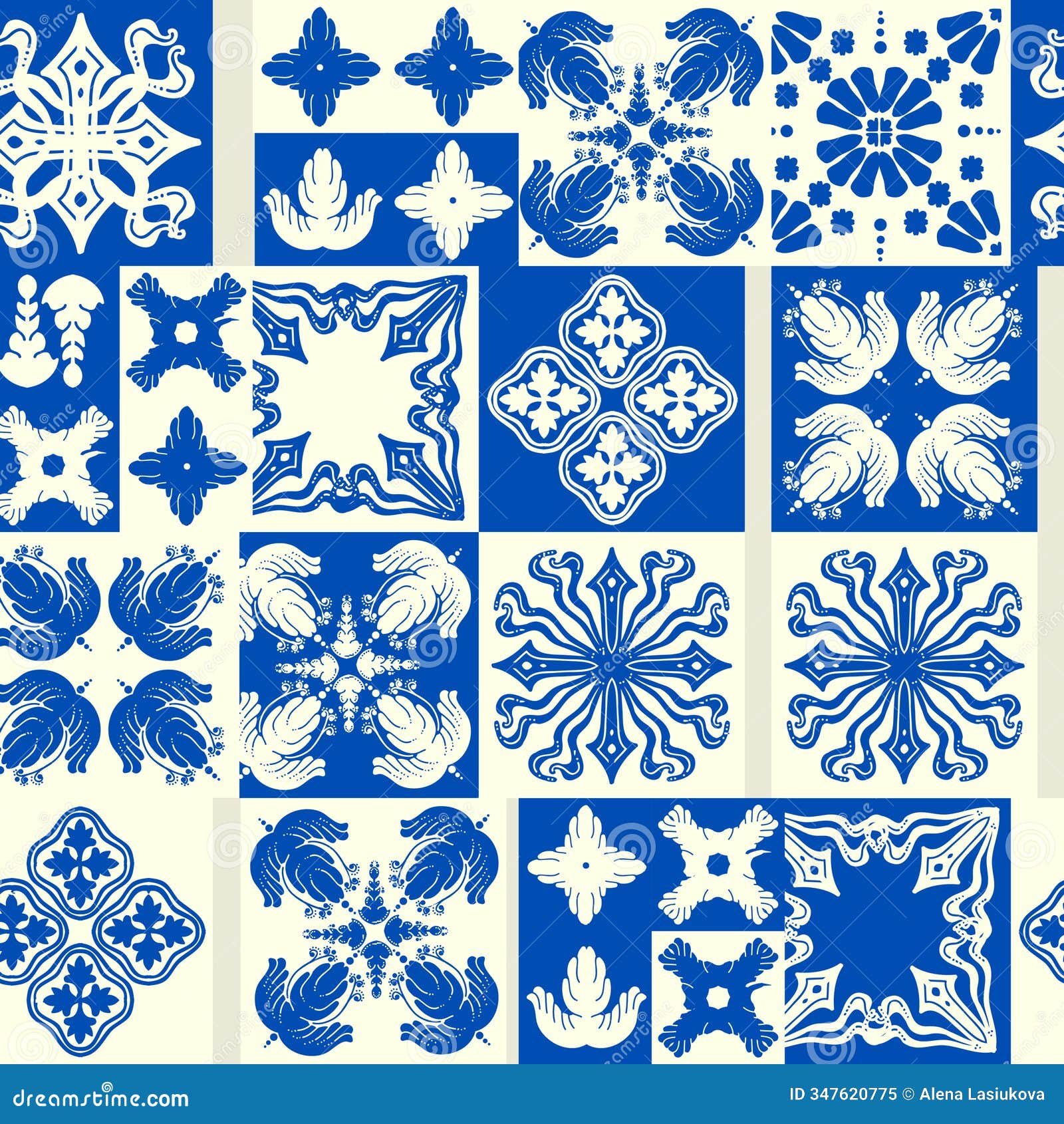 The Blue and White Seamless Pattern Displays Symmetrical Geometric ...
