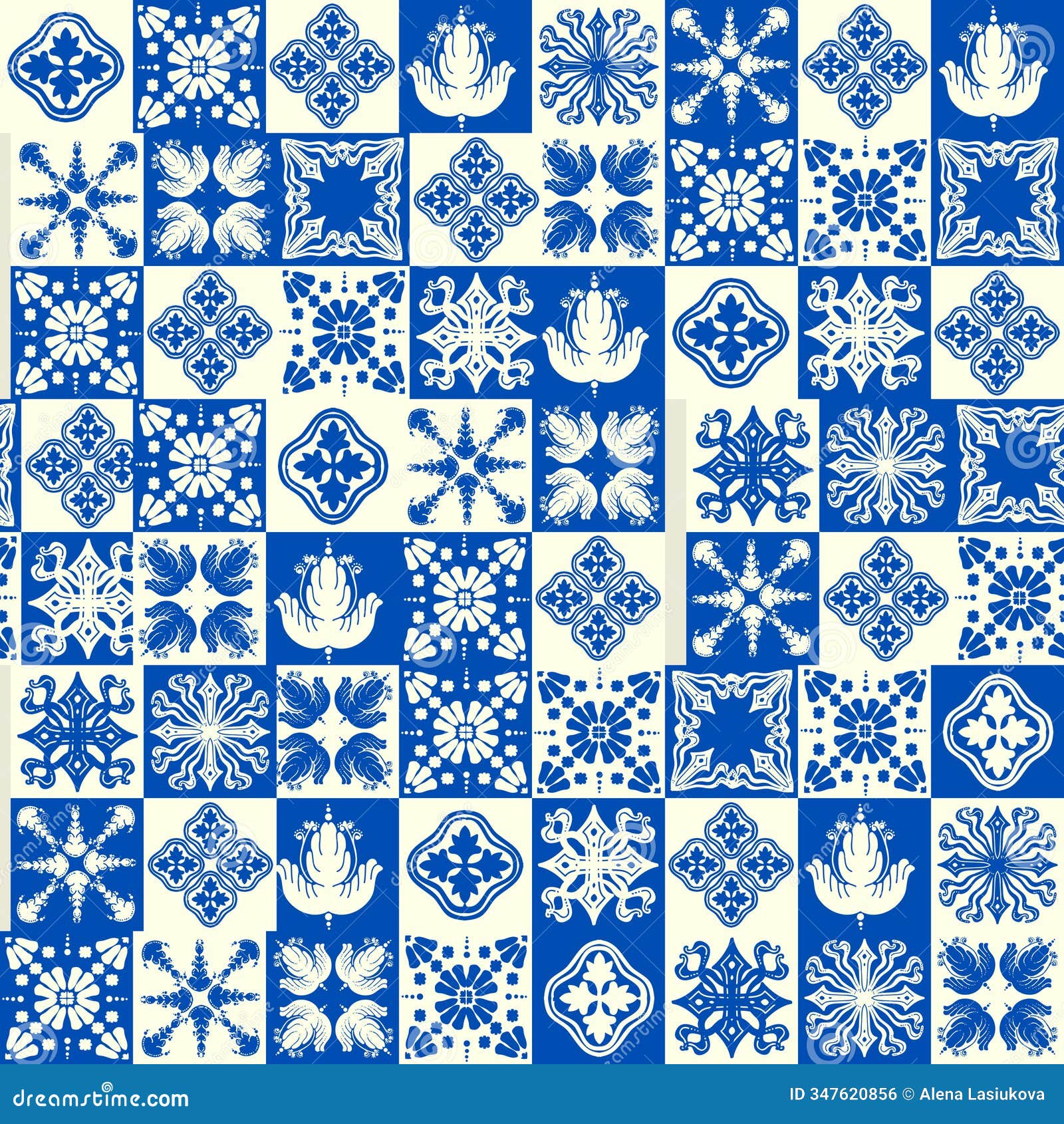 The Blue and White Seamless Pattern Displays Symmetrical Geometric ...