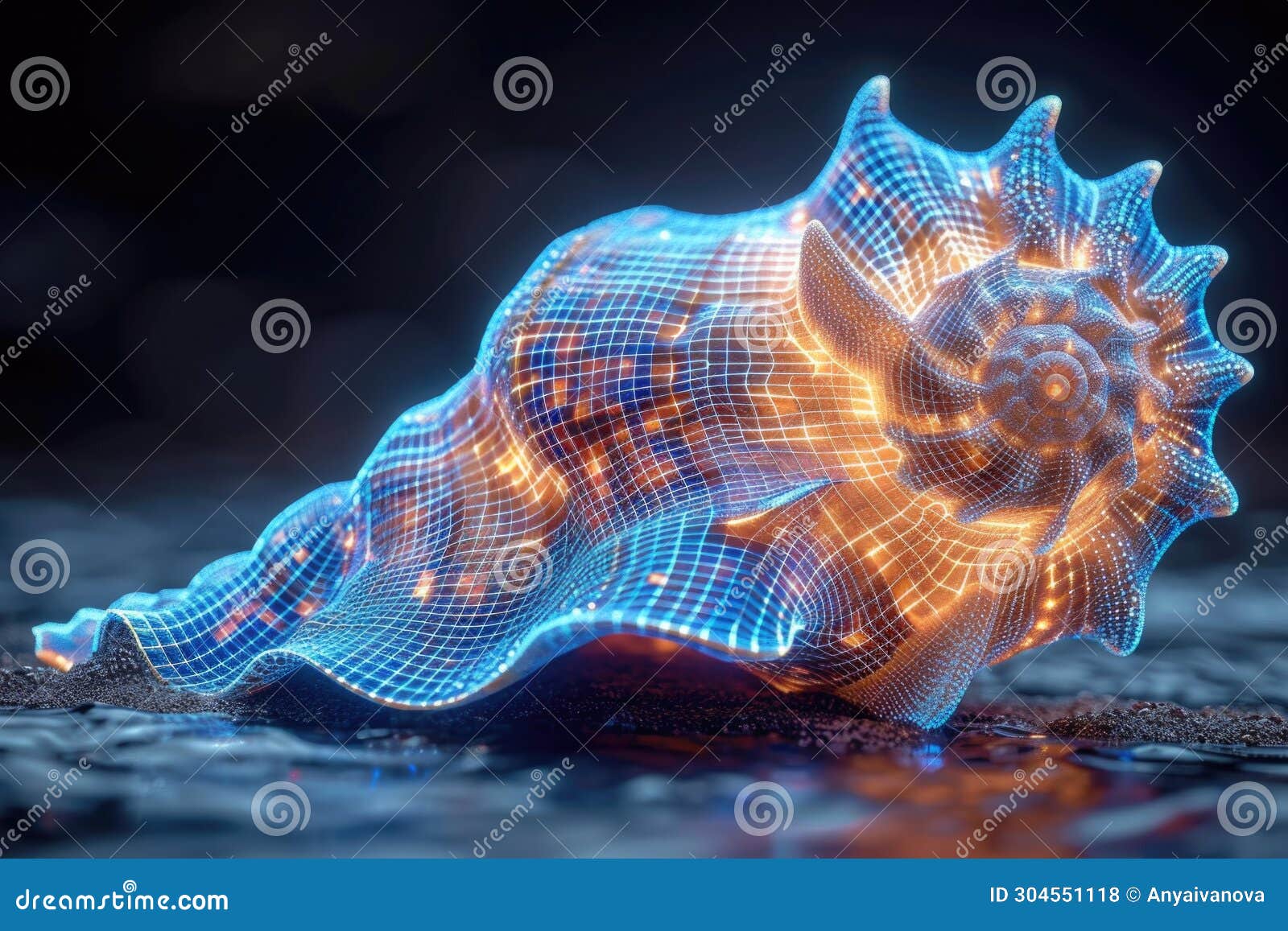 A Blue and White Shell on a Black Surface Artificial Glowing Object ...