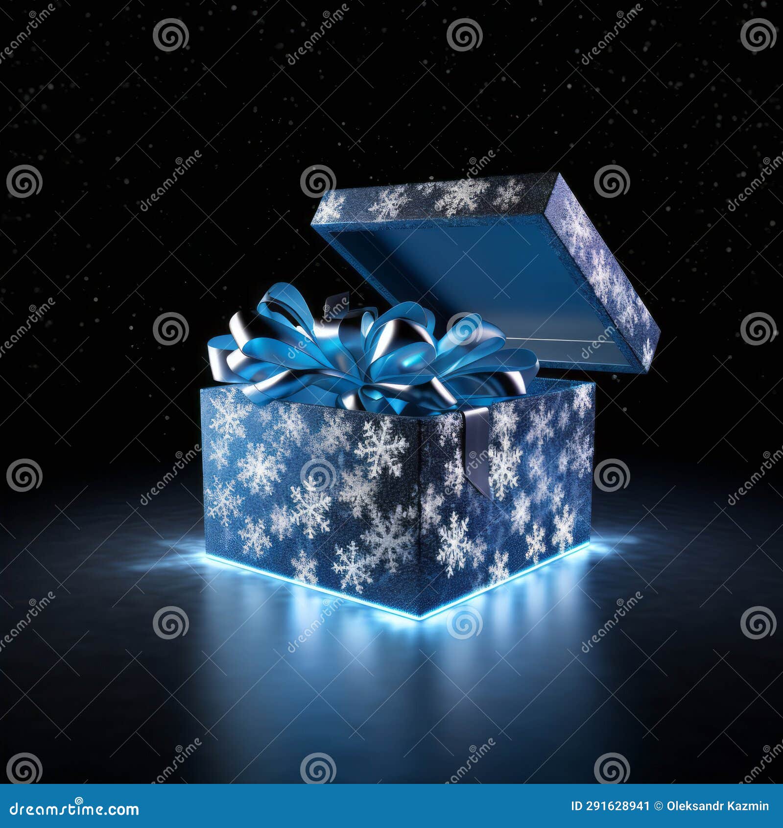 Blue White Snowflake Textured Open Gift Box with Lights Coming Out ...