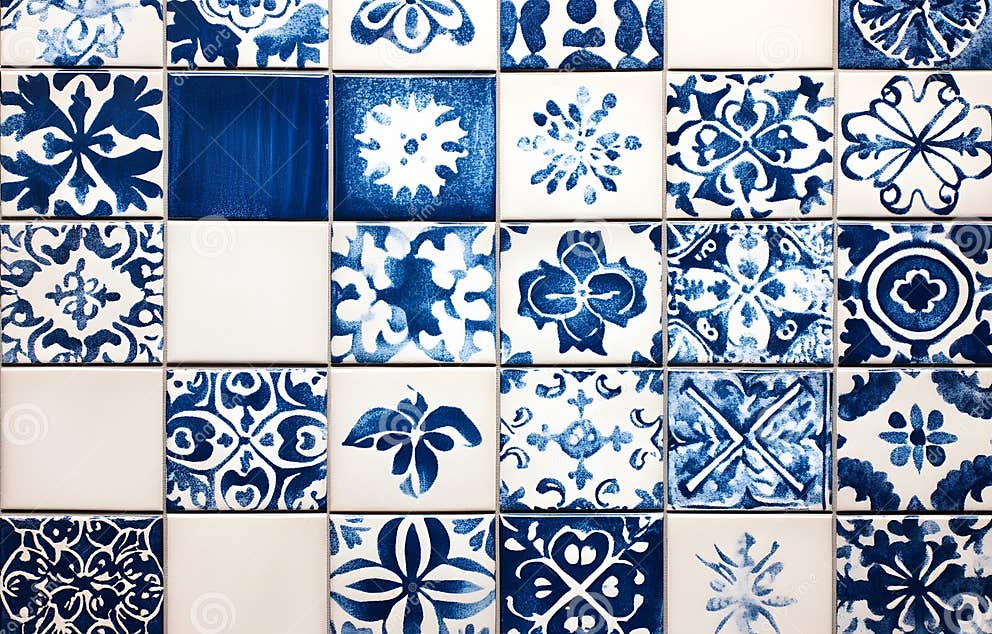 Blue and White Spanish Style Patchwork Tile Pattern Stock Illustration ...