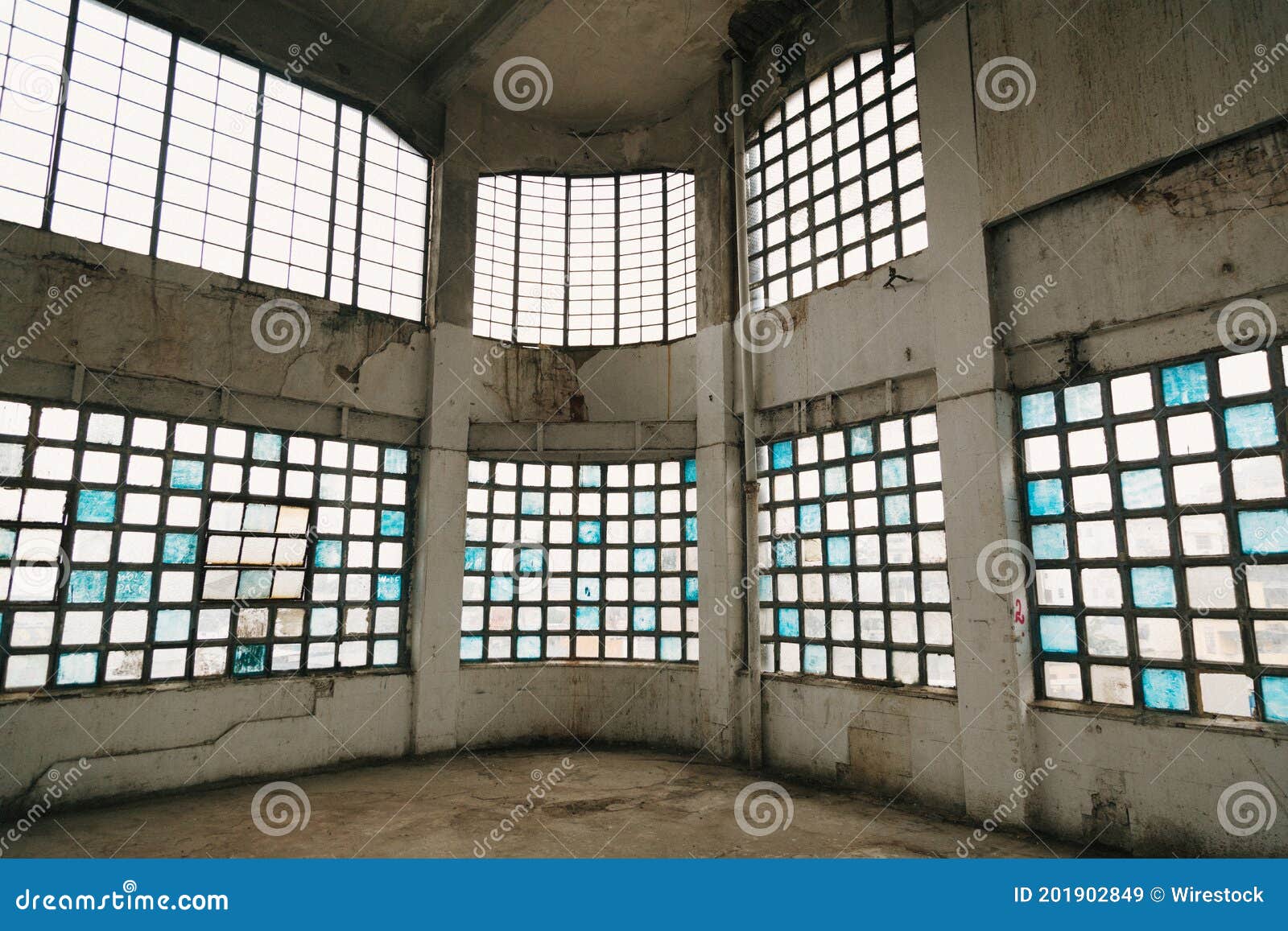 Blue And White Square Windows Seen From Inside An Old Abandoned ...