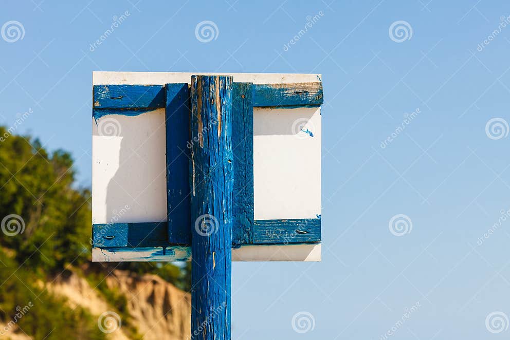 Blue and White Steel Sign on Sky Background Stock Photo - Image of ...