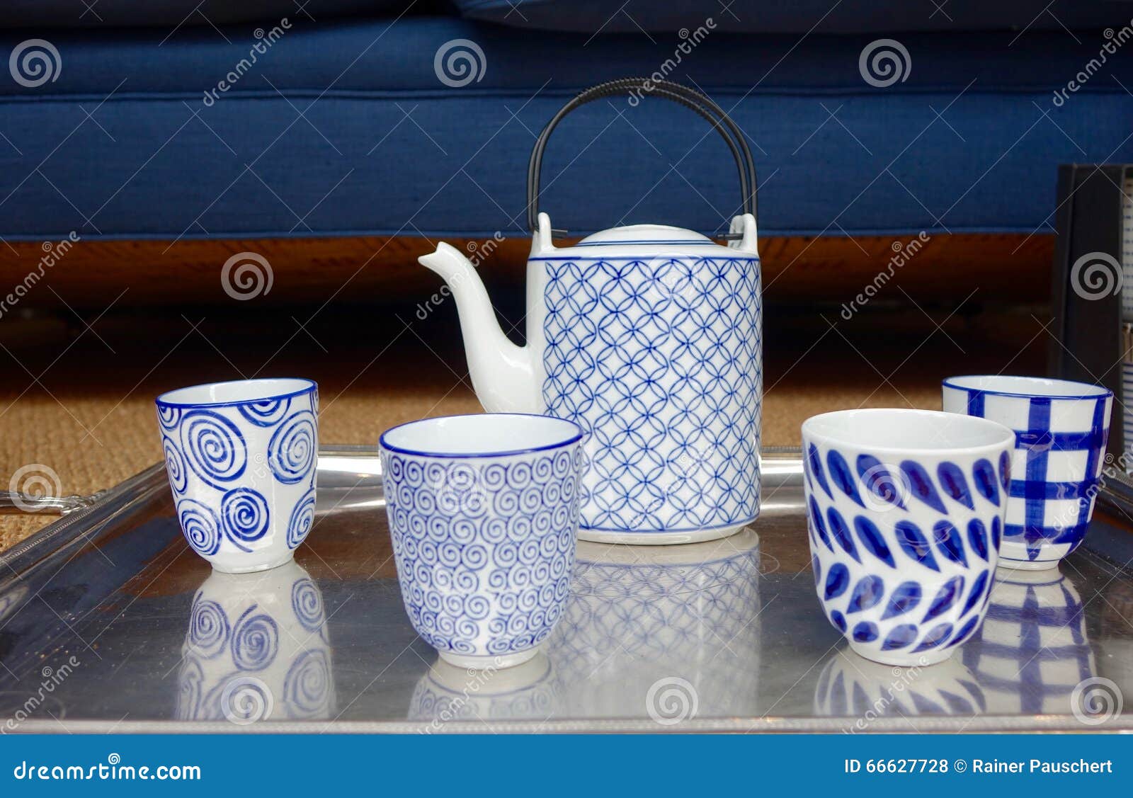 Blue-white Tea or Coffee Set Stock Photo - Image of background, brown ...