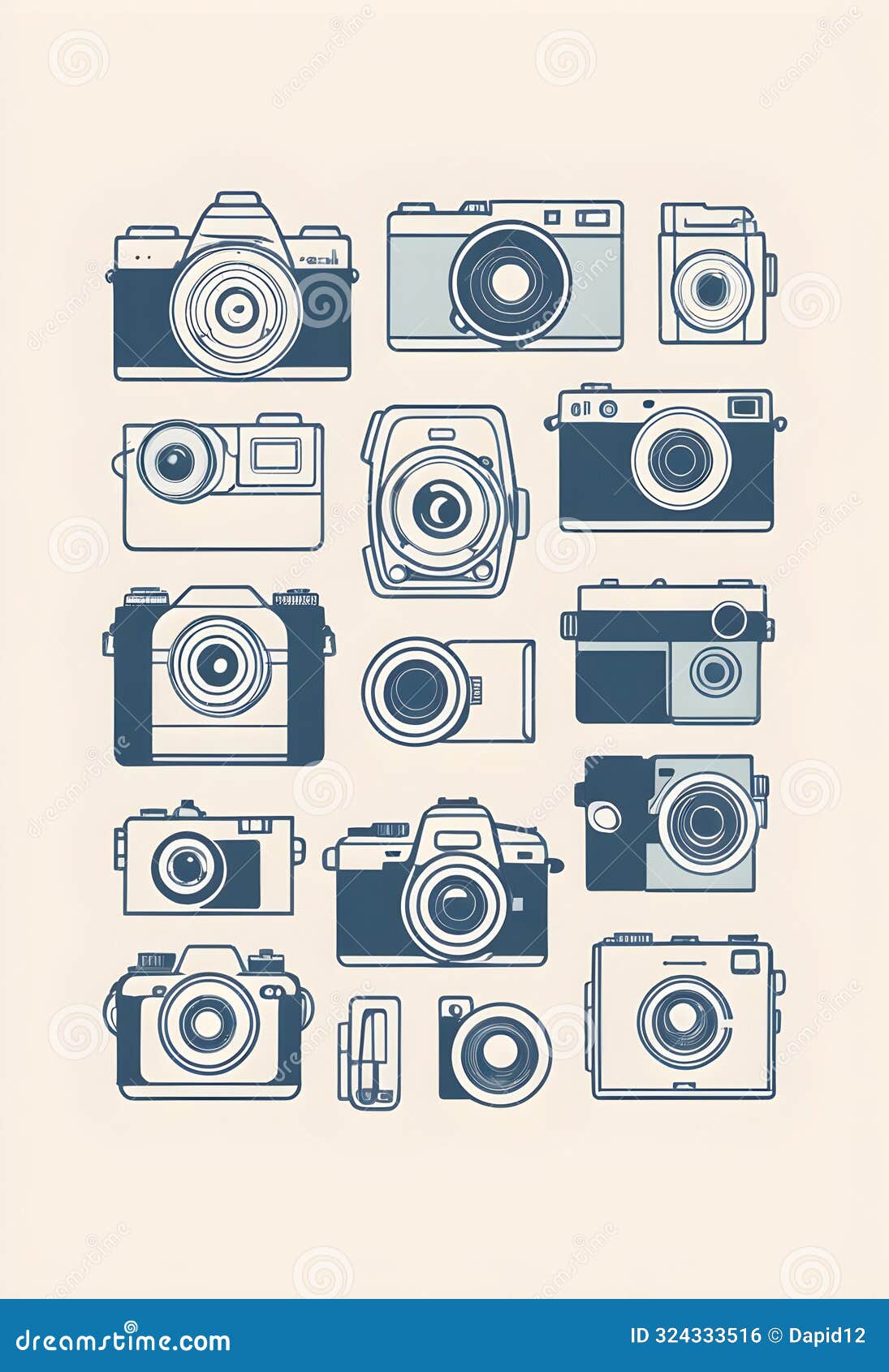 A Blue and White Vector Drawing of a Series of Photography Cameras on ...