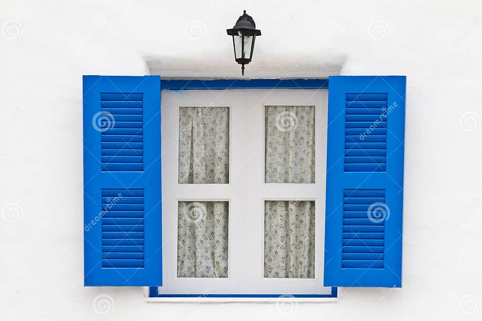Blue Window and Lamp on White House Stock Image - Image of building ...