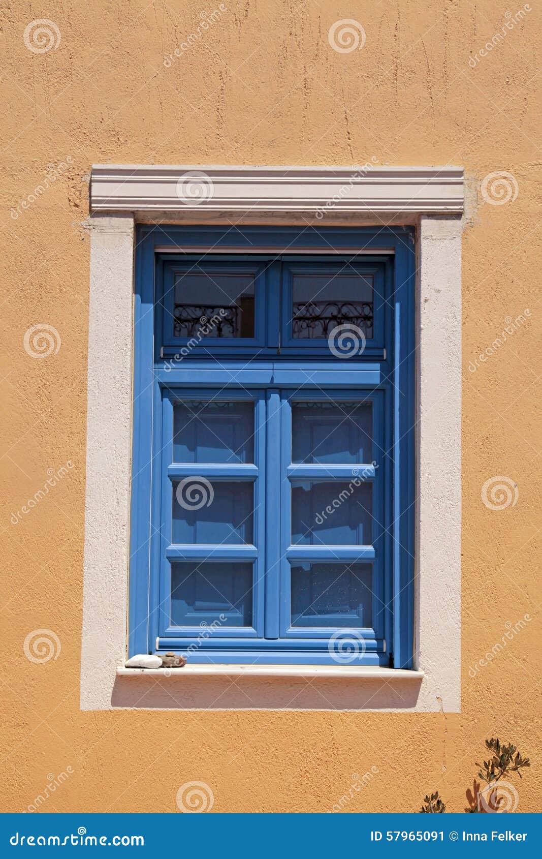 Blue Window in Yellow House, Santorini, Greece. Stock Image - Image of ...