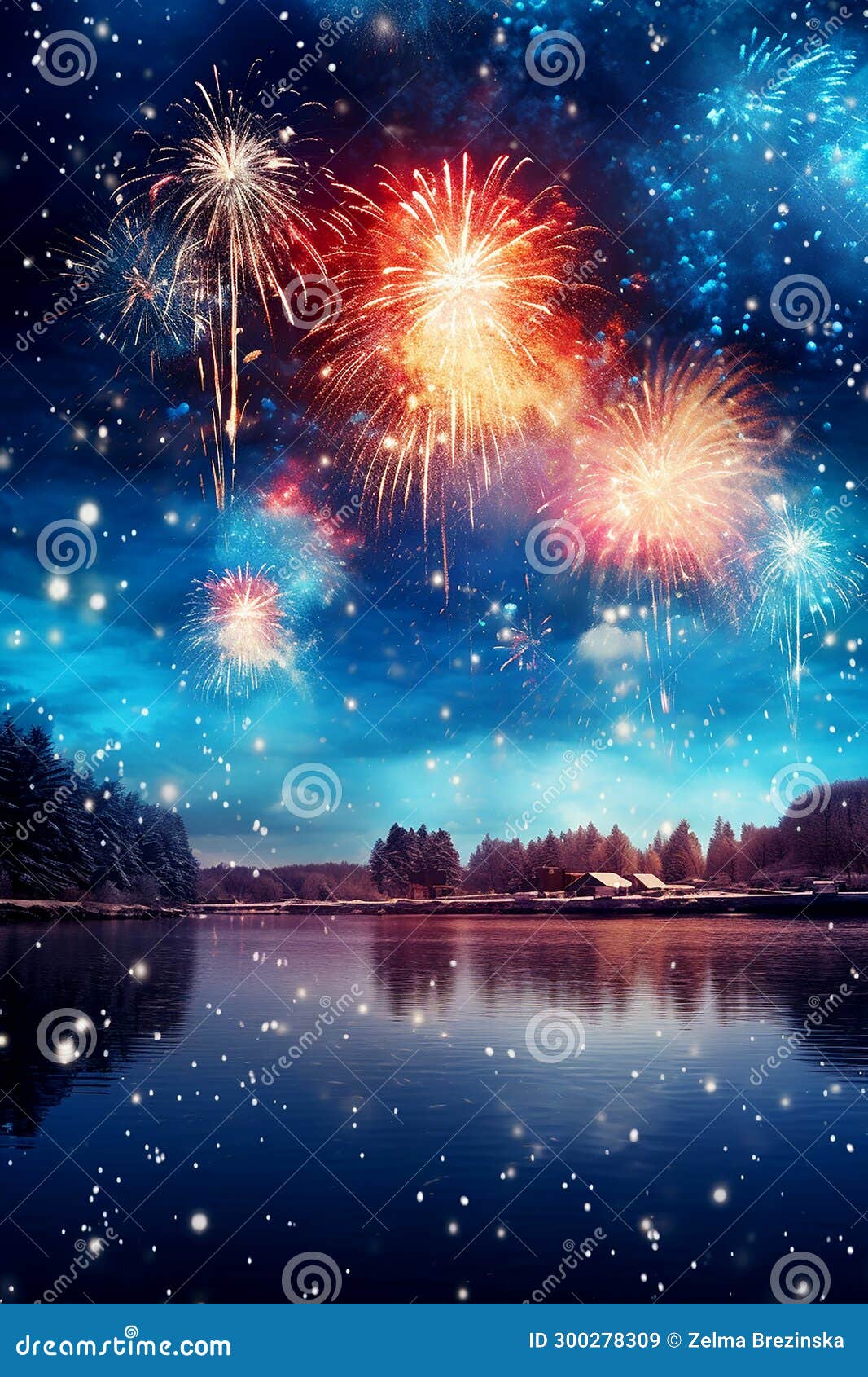 Blue Winter Bright Night Sky with Fireworks Stock Illustration ...