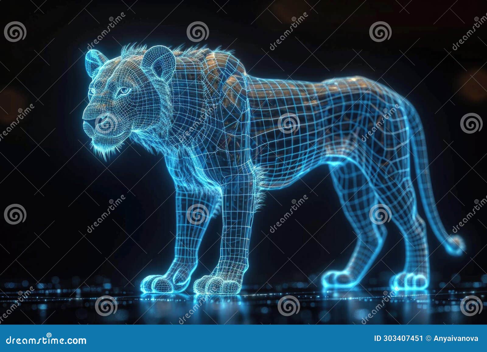 A Blue Wireframe of a Lion on a Black Surface Stock Illustration ...