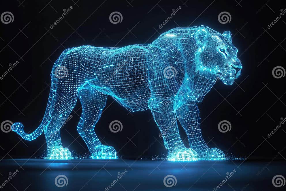 A Blue Wireframe Model of a Lion on a Black Surface Stock Photo - Image ...