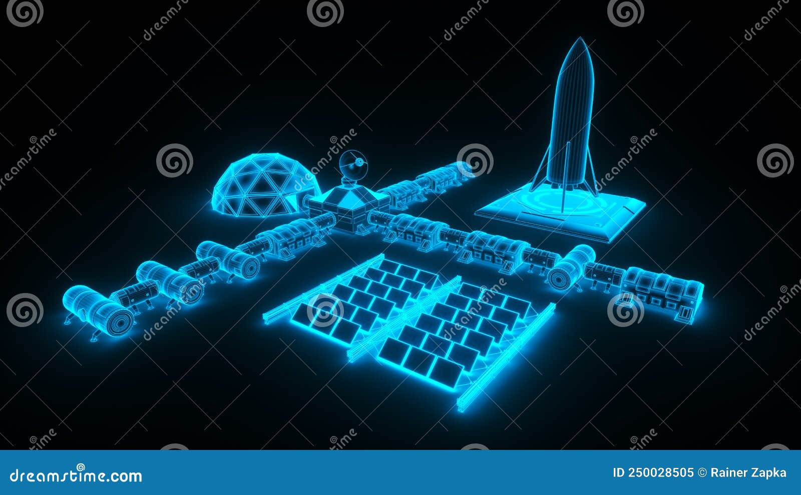 Blue Wireframe from a Space Station 3d Rendering Stock Illustration ...